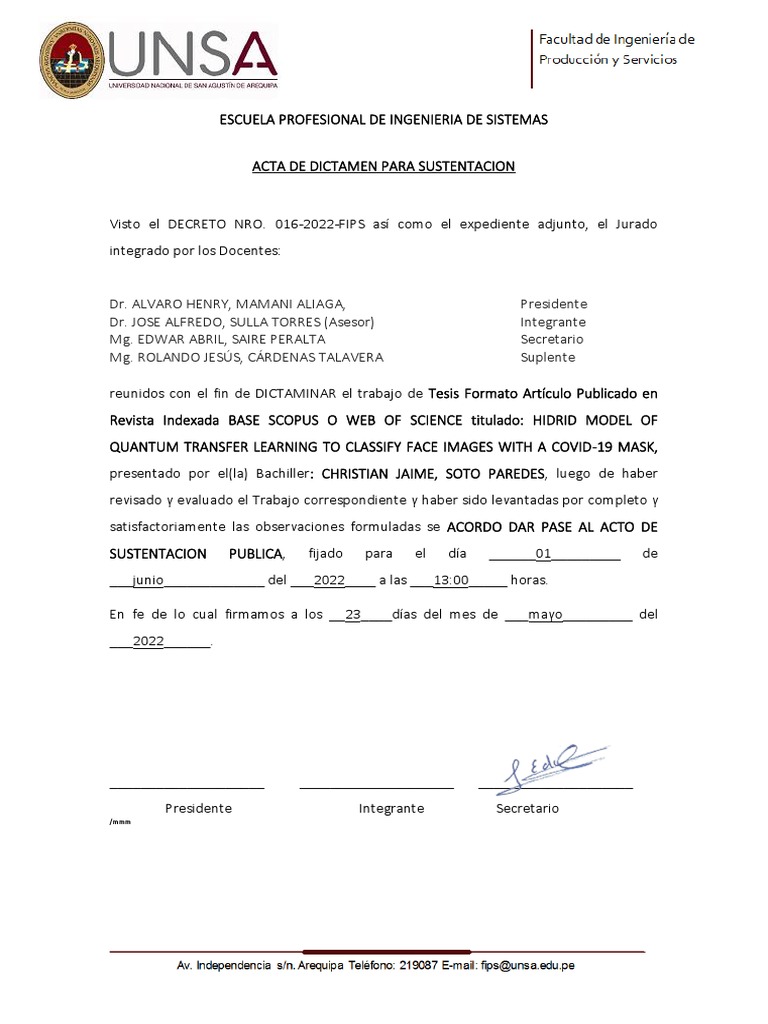 Acta Del Dictamen para Sustentación Titulo - Tesis - Epis - Soto ...