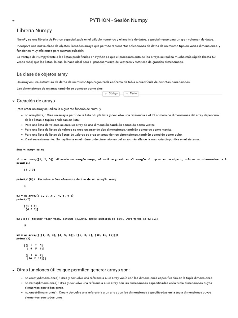 Sesion 06 Numpy - Ver2.ipynb - Colaboratory | PDF | Gestión de datos | Informática
