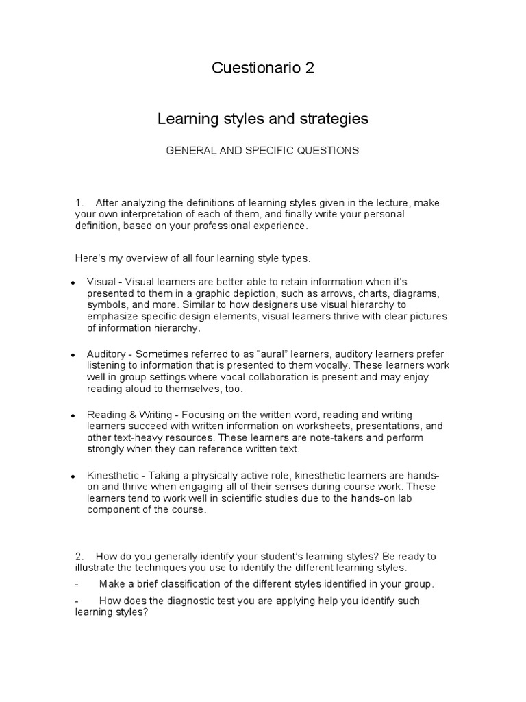 Cuestionario 2 - Learning Styles and Strategies | Download Free PDF ...