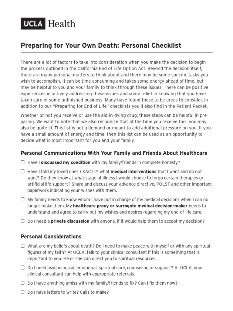 Preparing For Own Death Personal Checklist | PDF | Funeral | Burial