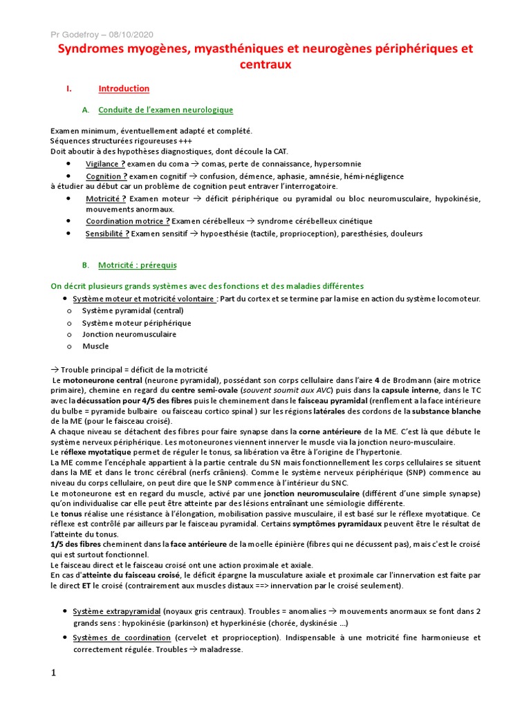 FC2 - Syndromes Myogène, Myasthenique Et Neurogène | PDF | Somesthésie ...