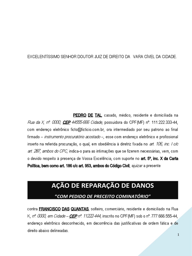 Acao Indenizacao Dano Moral Imagem Difamacao Facebook Cominatoria CIV ...