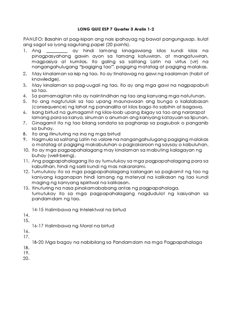 Long Quiz Esp 7 q3 Aralin 1-2 | PDF