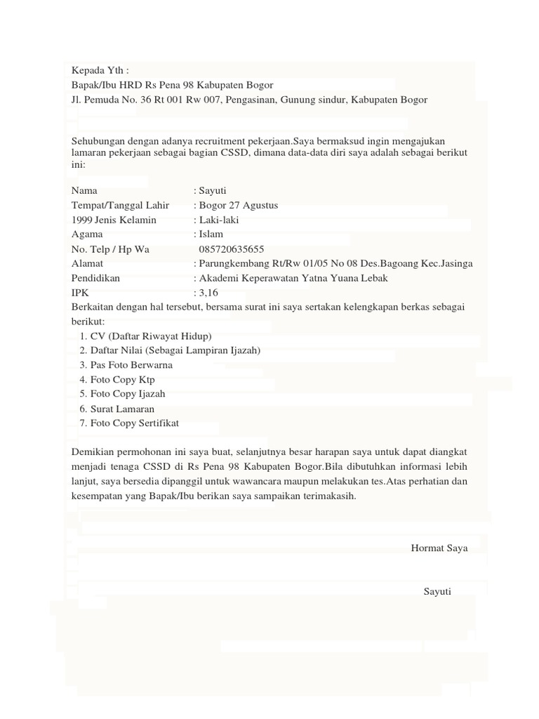 Lamaran Kerja CSSD Rs Pena 98 | PDF