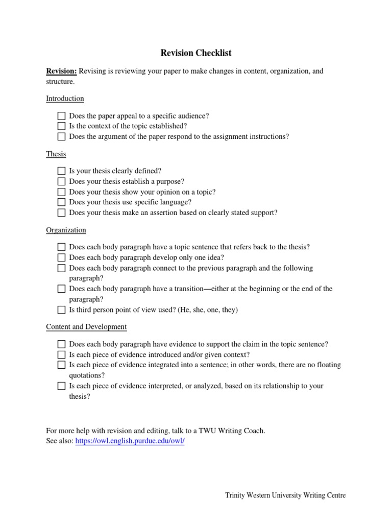 Revision Editing Checklist | PDF | Paragraph | English Language