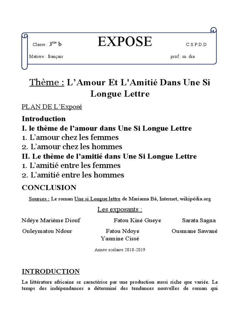 Exposé Amitié Et Amour Dans Une Si Longue Lettre | PDF | Amour ...