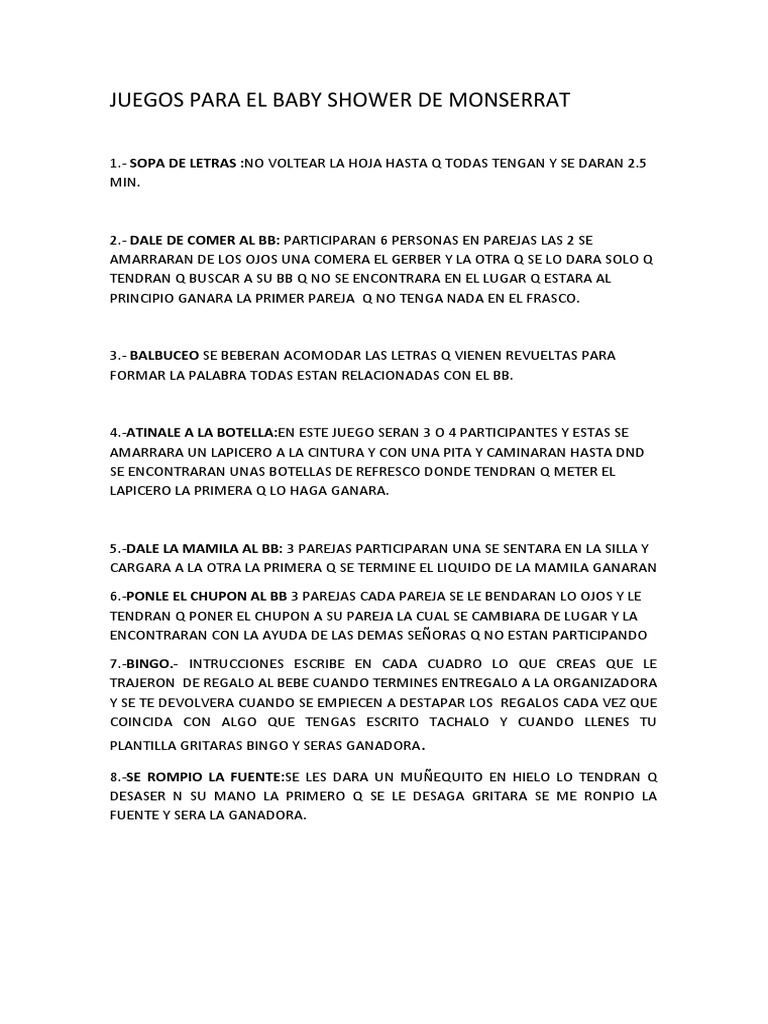 JUEGOS PARA EL BABY SHOWER DE MONSERRAT | PDF