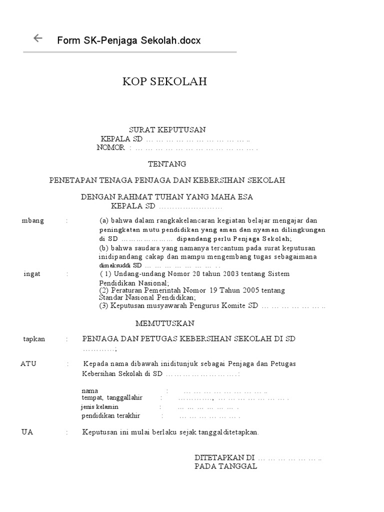 Penetapan Penjaga Sekolah SD | PDF