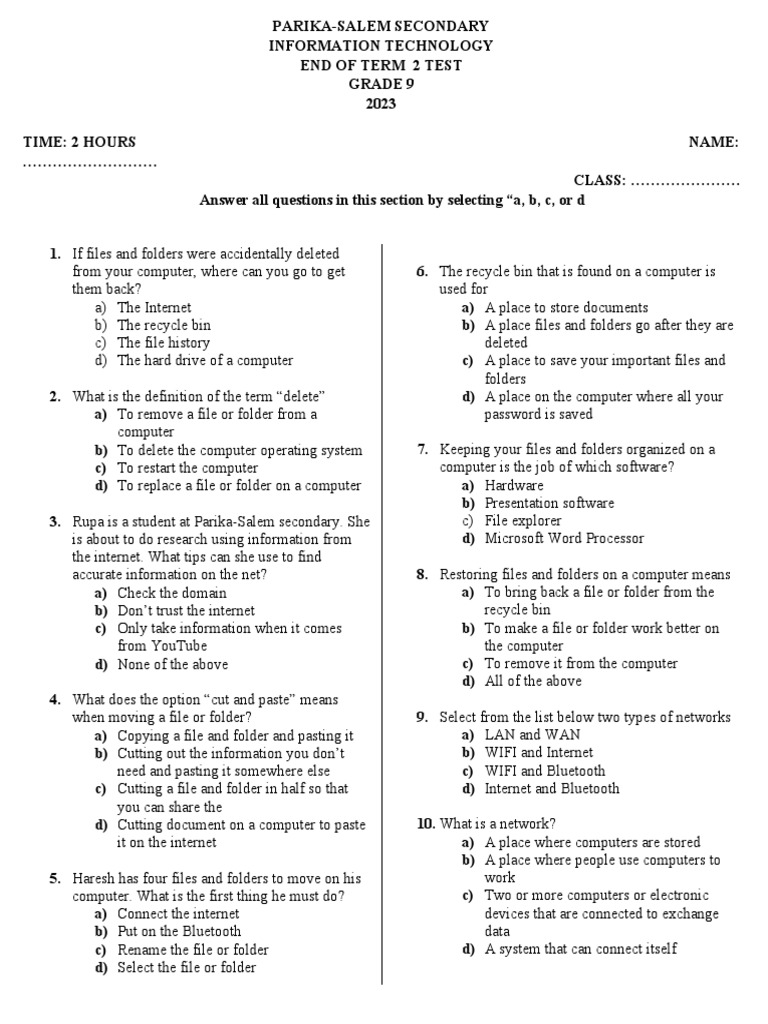 Grade 9 IT Term 2 End of Term Test 2023 2 | PDF | Computer File ... Grade 9 IT Term 2 End of Term Test 2023 2 | PDF | Computer File ...