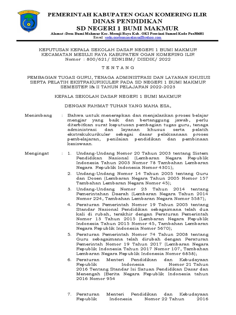 SK Pembagian Tugas Genap SDN 1 BM 2022-2023 | PDF