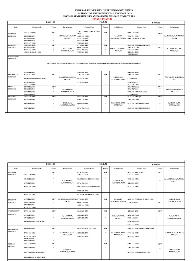Set Updated Final Exam Time Table For 2ND Sem 2021 2022 Session 1 ...
