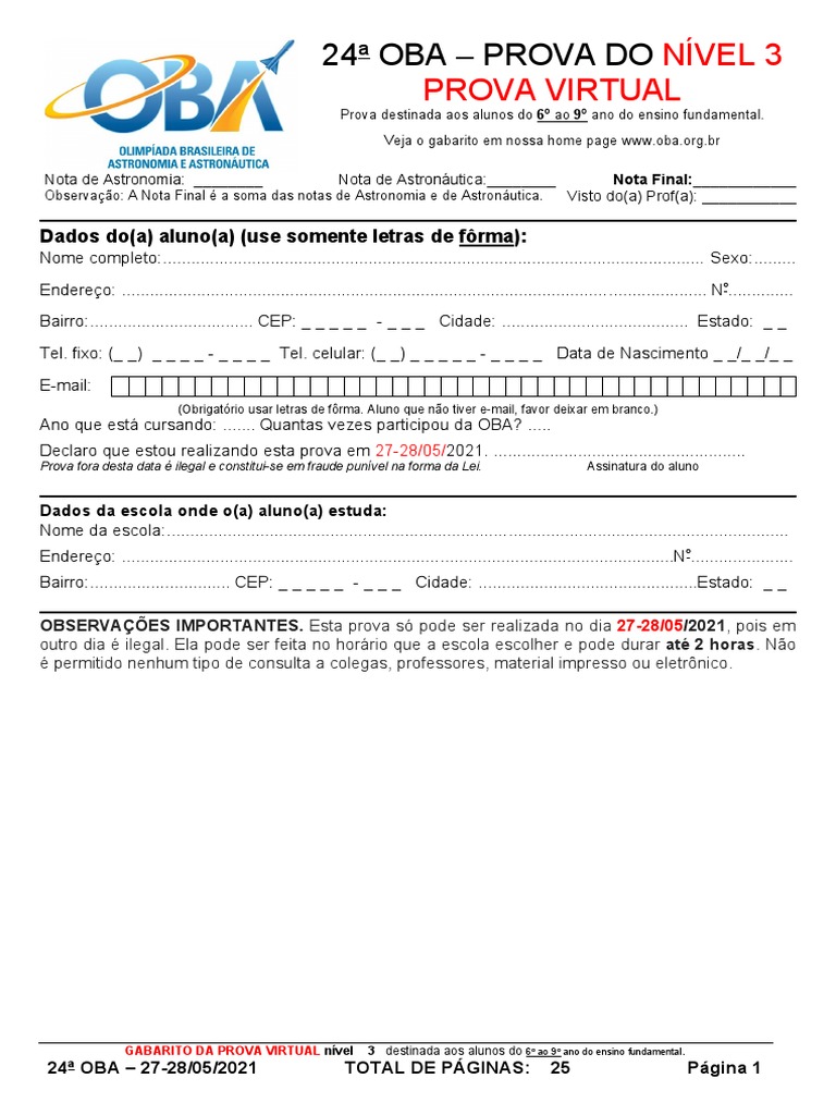 PROVA ONLINE Do Nivel 3 Da 24 OBA DE 2021 | PDF | Satélite natural | Órbita