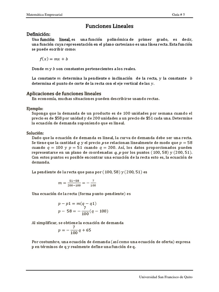 Guía 5 Funciones Lineales | PDF | Línea (geometría) | Ecuaciones