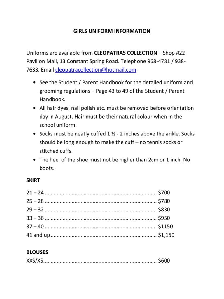 Girls Uniform Information PDF | PDF