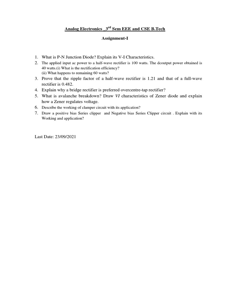 Assignment - 1 - Analog Electronics Btech EEE AND CSE 3rd Sem 2021 PDF | PDF | Science ...