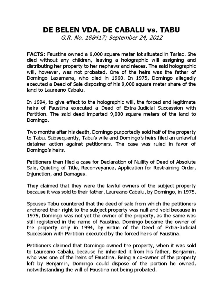 07 de Belen Vda. de Cabalu vs. Tabu | PDF | Deed | Inheritance