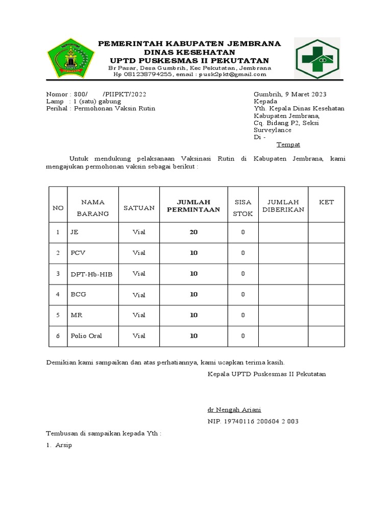 Surat Amprah Vaksin Rutin | PDF