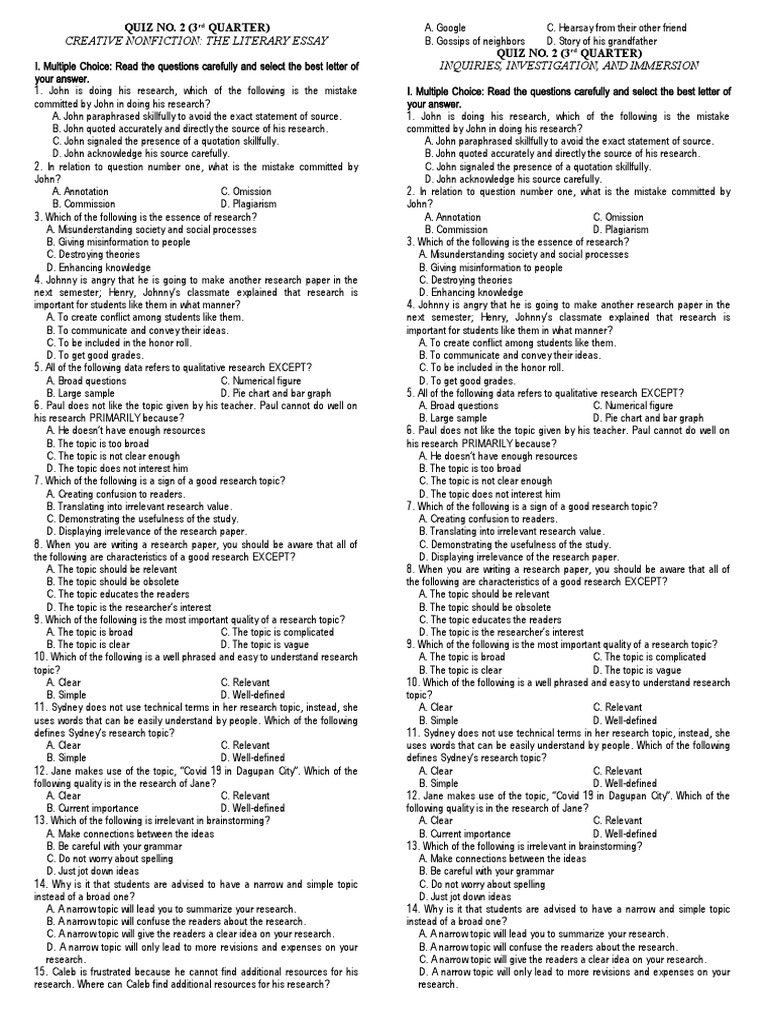 Quiz 2 - 3RD QTR (Non-Fiction) | PDF | Chart | Methodology