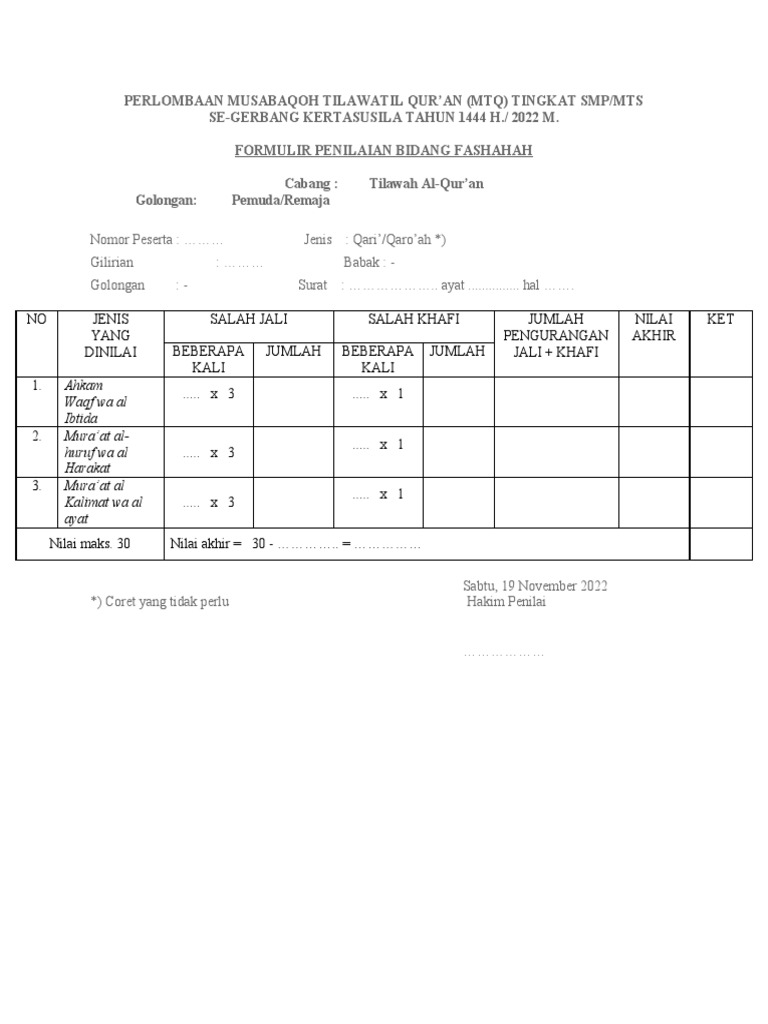 FORMAT PENILAIAN MTQ | PDF