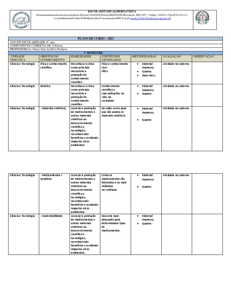 Plano de Curso 6° Ano | PDF | Science