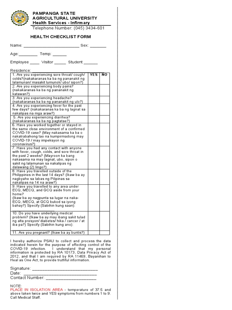 Health Checklist for COVID-19 Symptoms | PDF