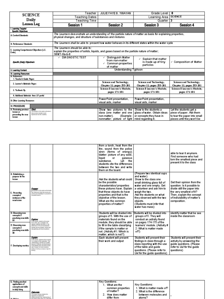 Science 8 DLL 3rd Quarter | PDF | Matter | Learning