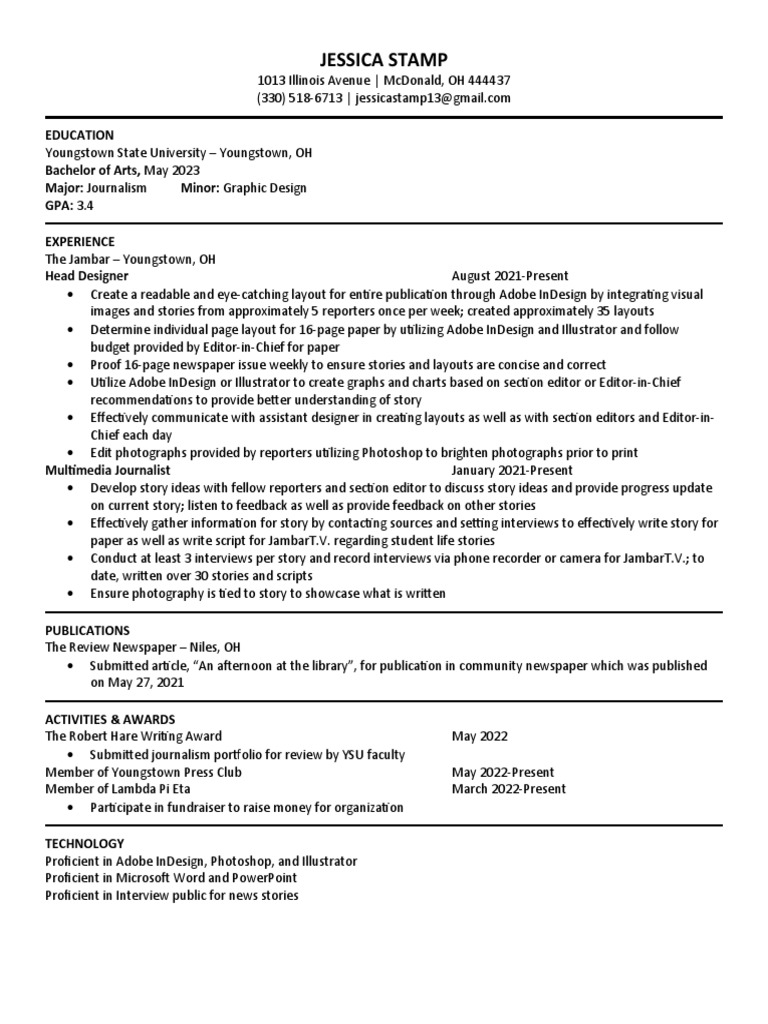 Jessica Stamp Resume | PDF | Page Layout | Newspapers