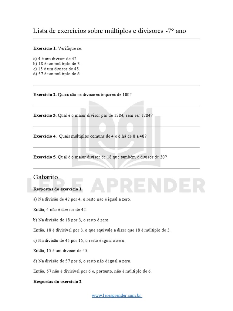 Lista de Exercícios Sobre MÚLTIPLOS E DIVISORES 6° Ano | PDF