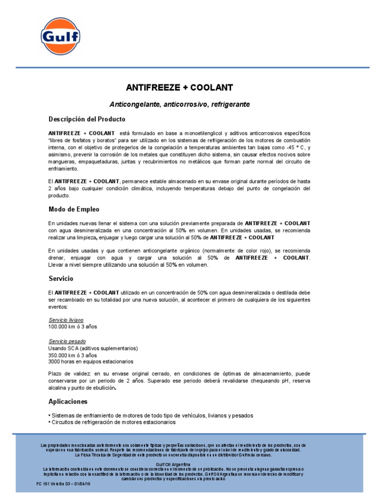 Antifreeze Coolant Ficha Tec | PDF | Ciencias fisicas | Química