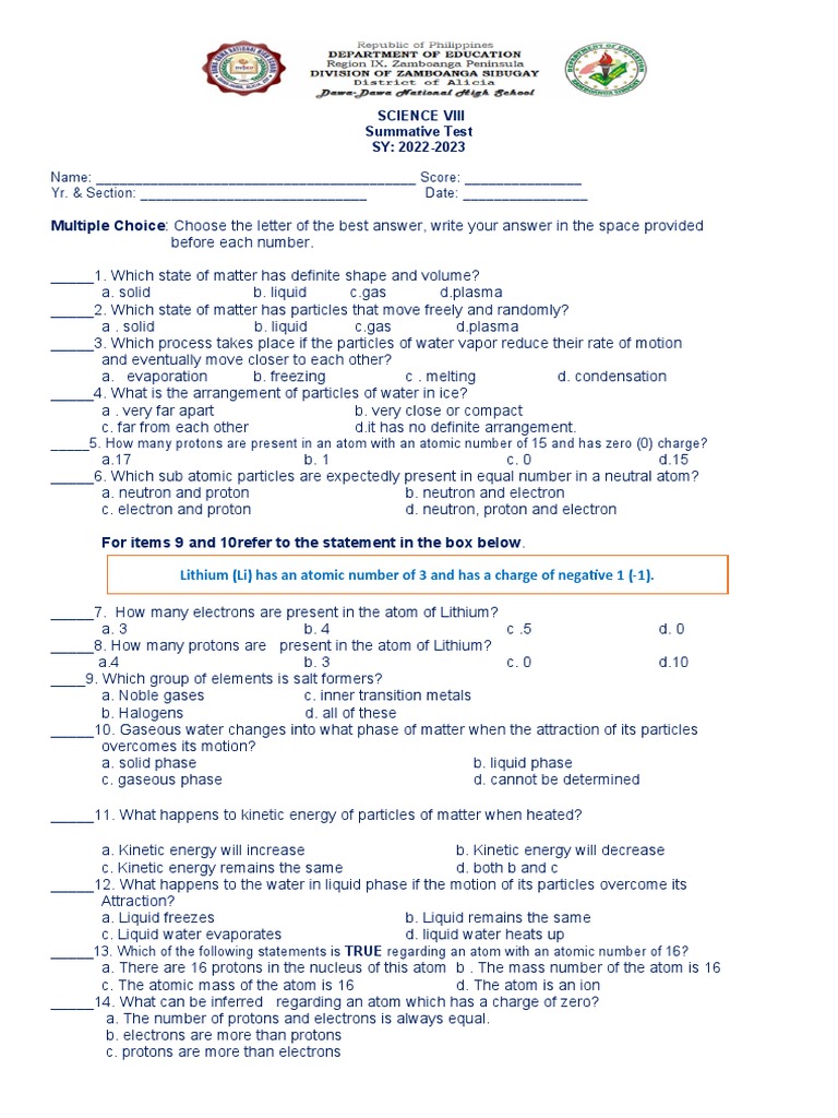 Third Quarter Summative Test Science 8 | PDF | Atoms | Chemical Elements