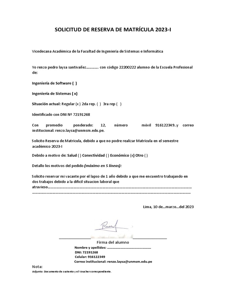 FORMATO DE SOLICITUD DE RESERVA DE MATRÍCULA 2023-I Marzo 2023 Def | PDF