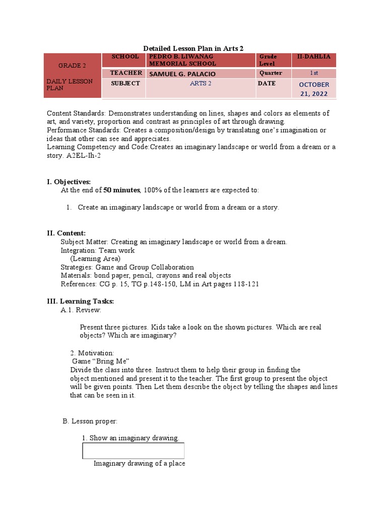 Detailed Lesson Plan in Arts 2 Creates An Imaginary Landscape or World ...