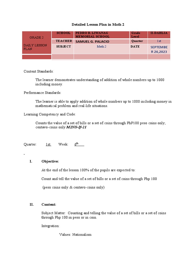 Detailed Lesson Plan in Math 2 | PDF | Flashcard | Lesson Plan