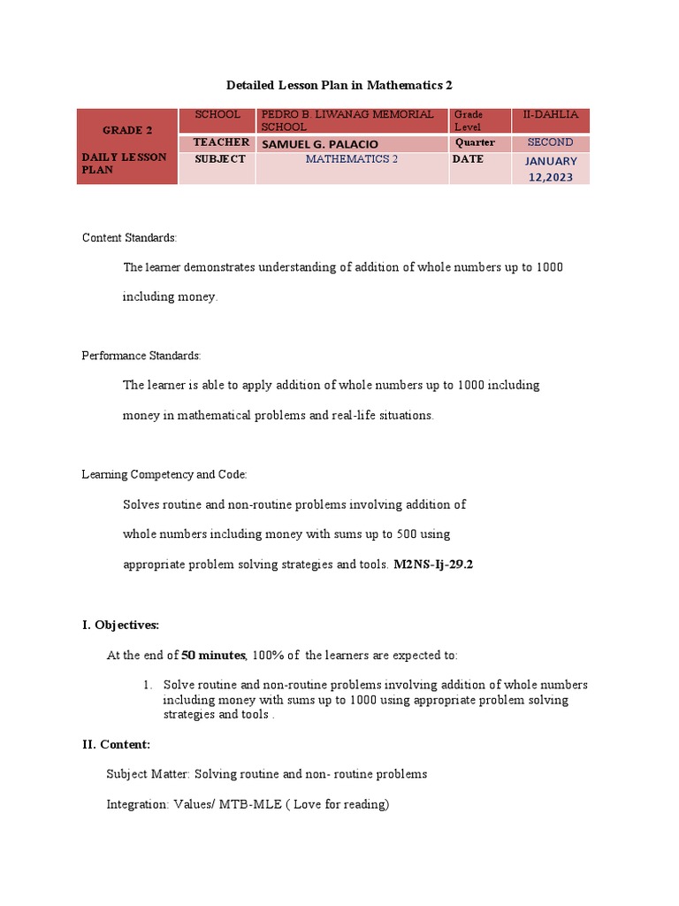 Detailed Lesson Plan in Mathematics 2 Solves Routine and Non-Routine Problems Involving Addition ...