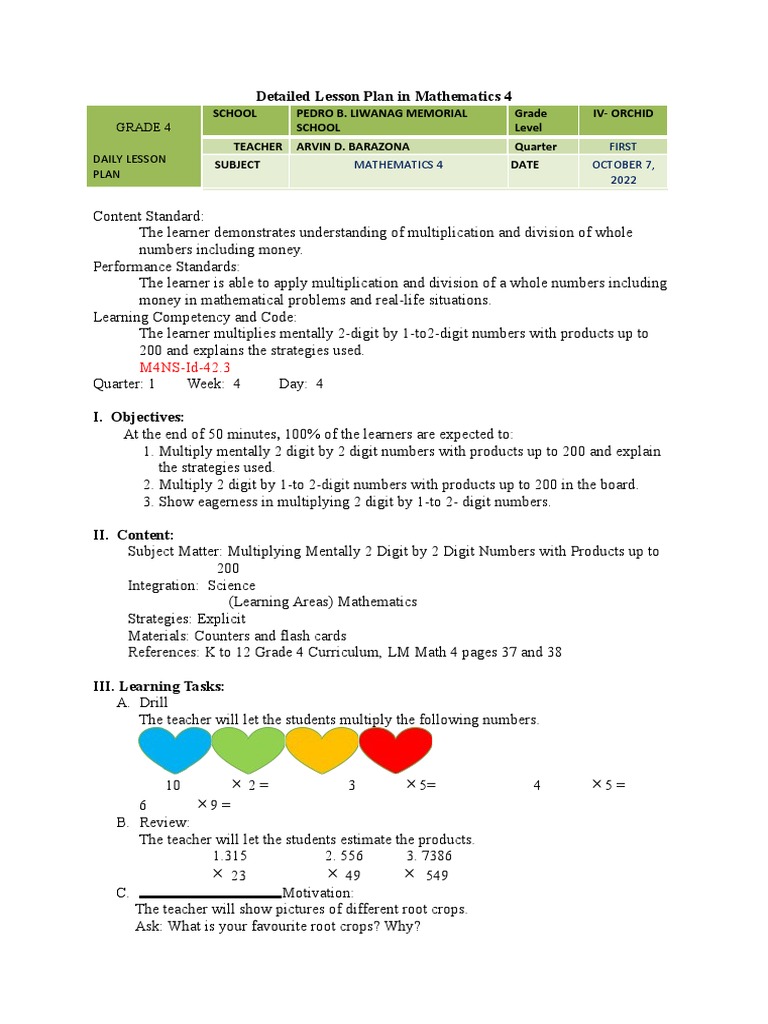 Grade 4 Multiplication Lesson Plan | PDF | Lesson Plan | Multiplication