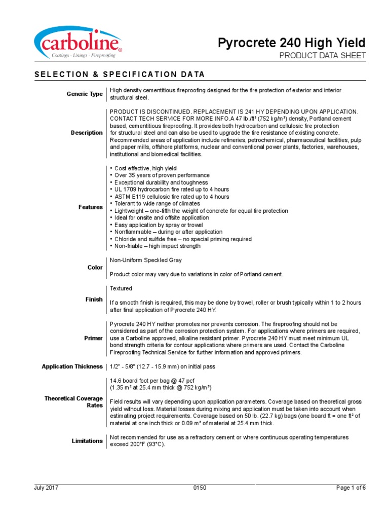 Pyrocrete 240 High Yield Fireproofing | PDF | Density | Water