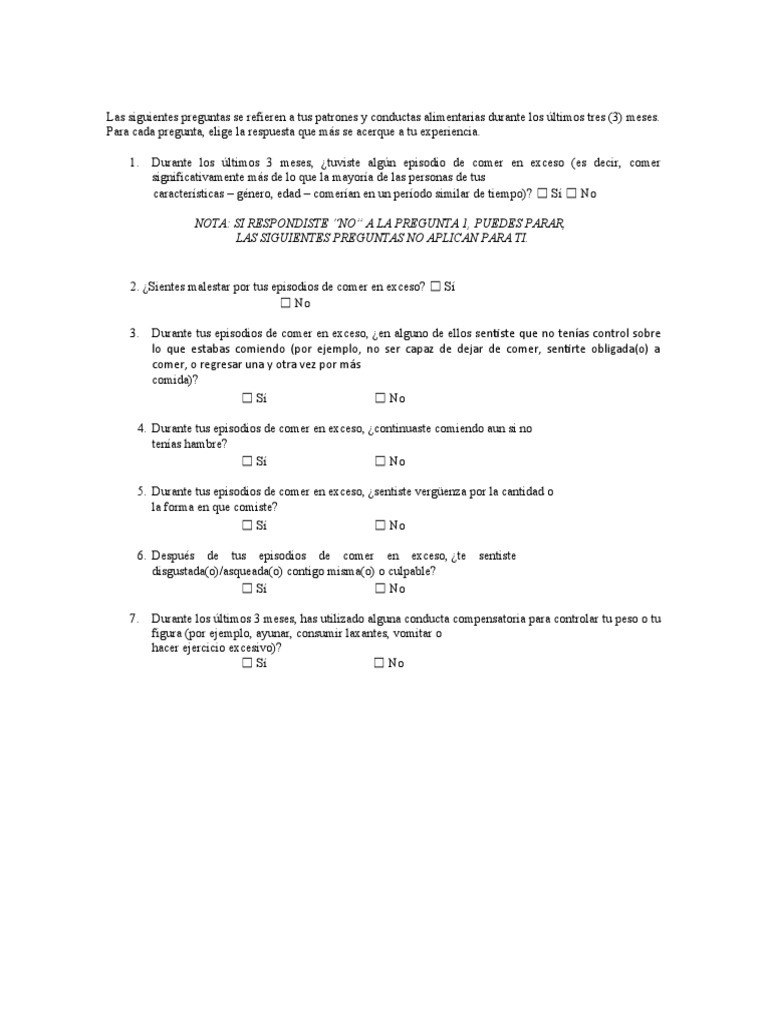 Test Trastorno Por Atracón (BEDS-7) | PDF | Trastorno por atracón ...