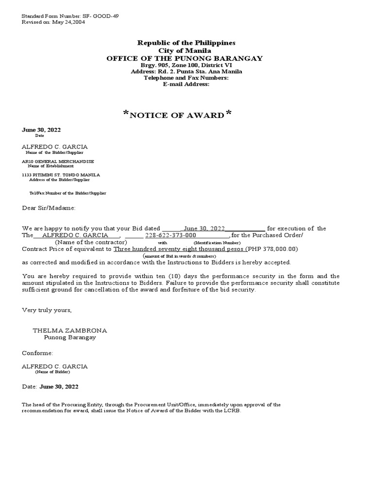 Barangay Notice of Award Template | PDF