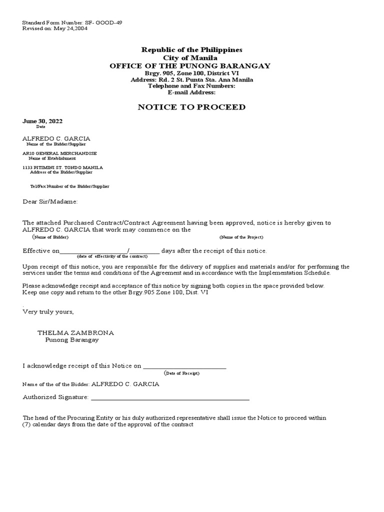 Brgy. 905 Notice To Proceed | PDF