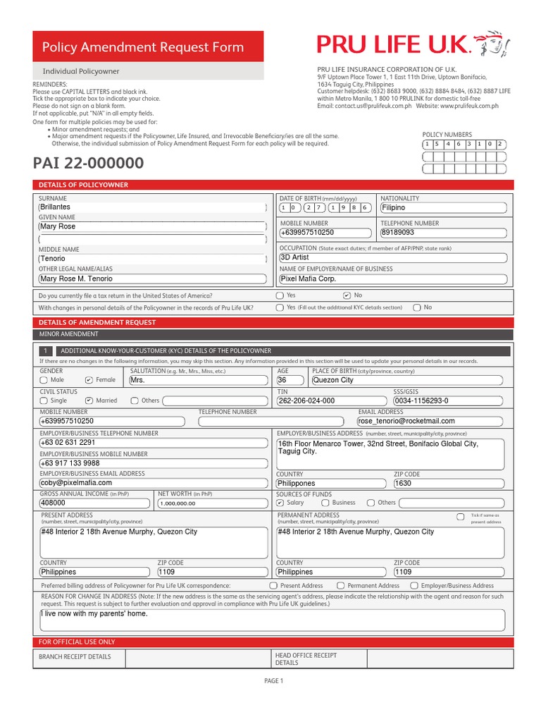 2022 Policy Amendment Request Form For Individual - Edited 2 | PDF ...