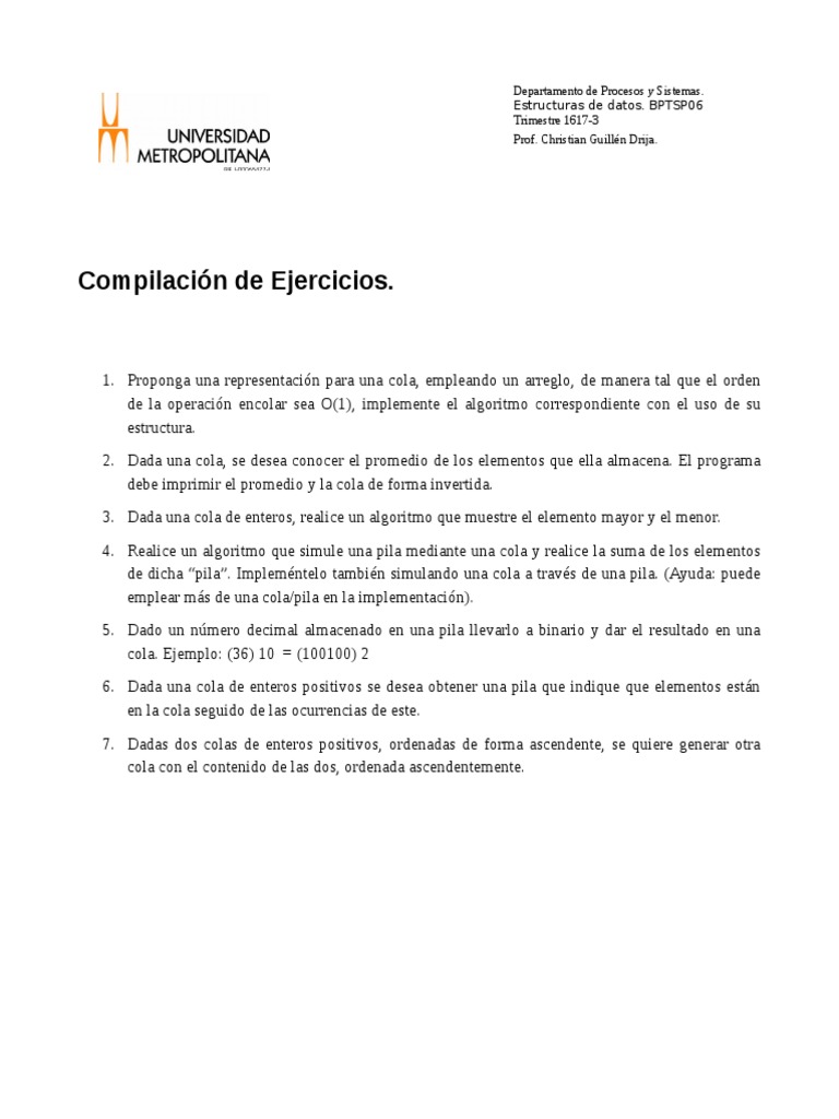 Compilación de Ejercicios Colas. Estructura de Datos | PDF