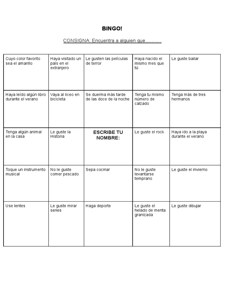 Bingo de Intereses y Preferencias | PDF