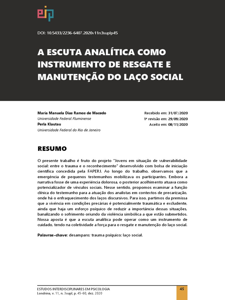 A Escuta Analítica Como Instumento de Resacae y Mantenimineto Del Lazo ...