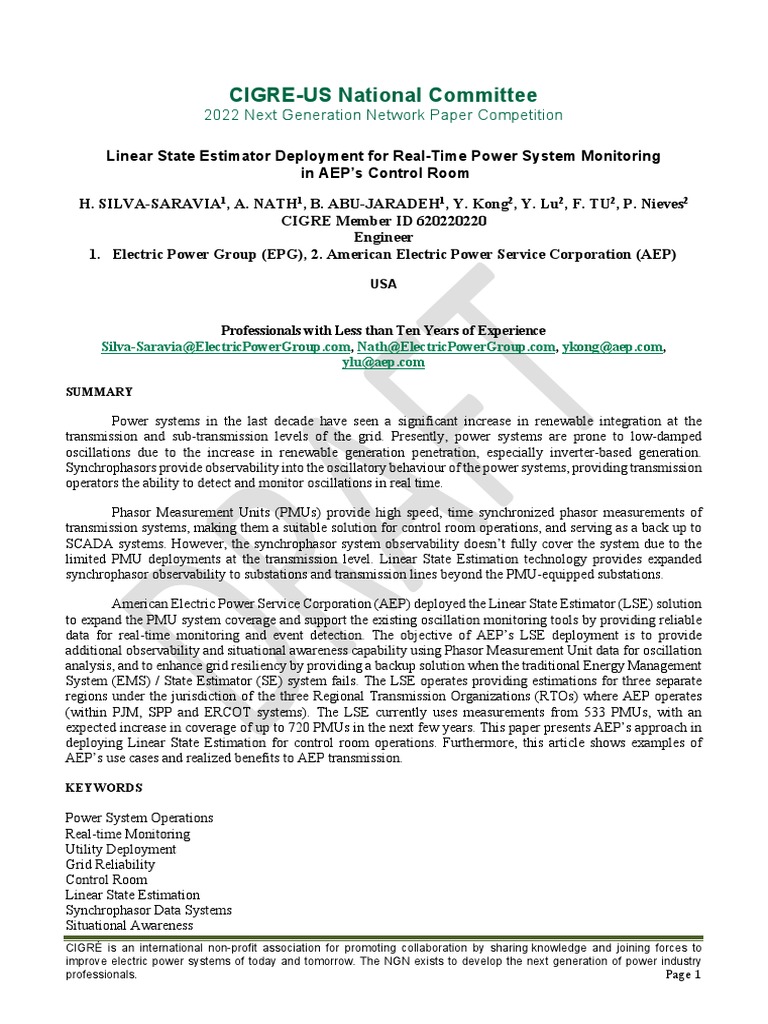 3 - Horacio Silva Saravia 2022 CIGRE NGN Paper Linear State Estimator Deployment AEP | PDF ...