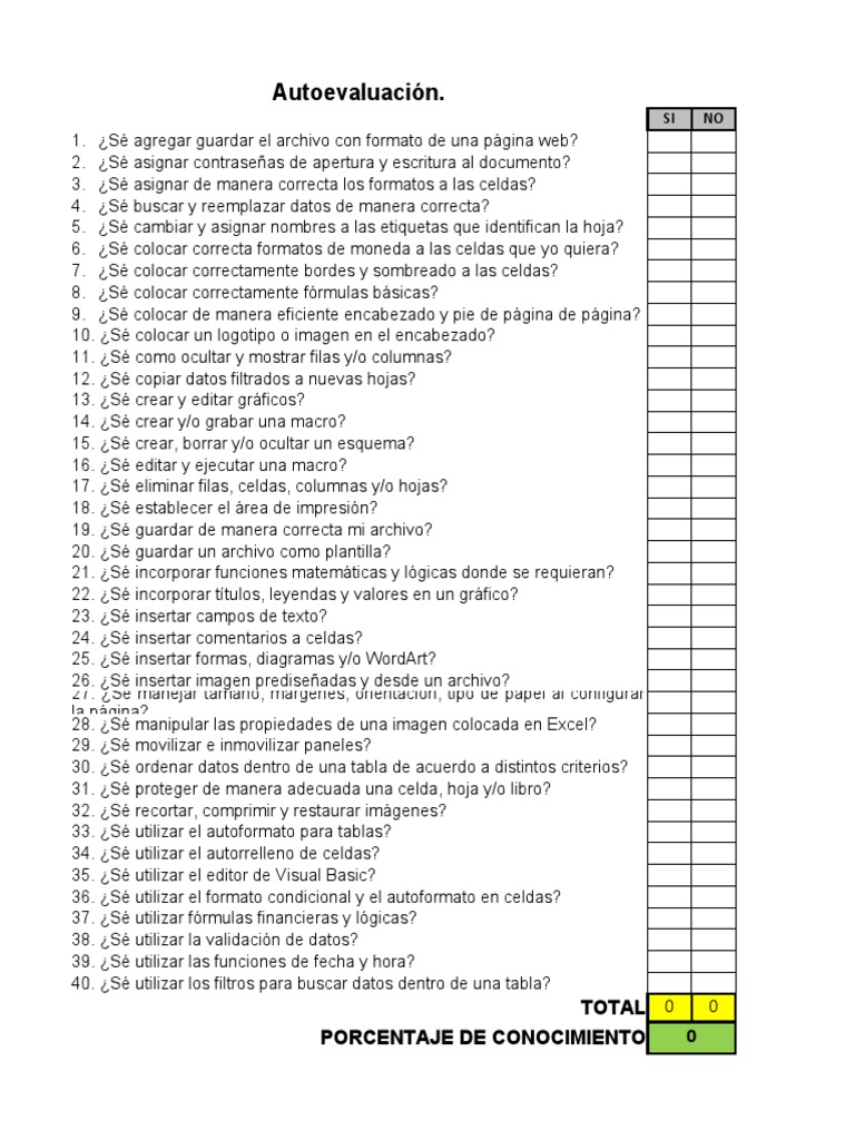 Autoevaluación de Excel.xlsx | PDF | Microsoft Excel | Archivo de computadora