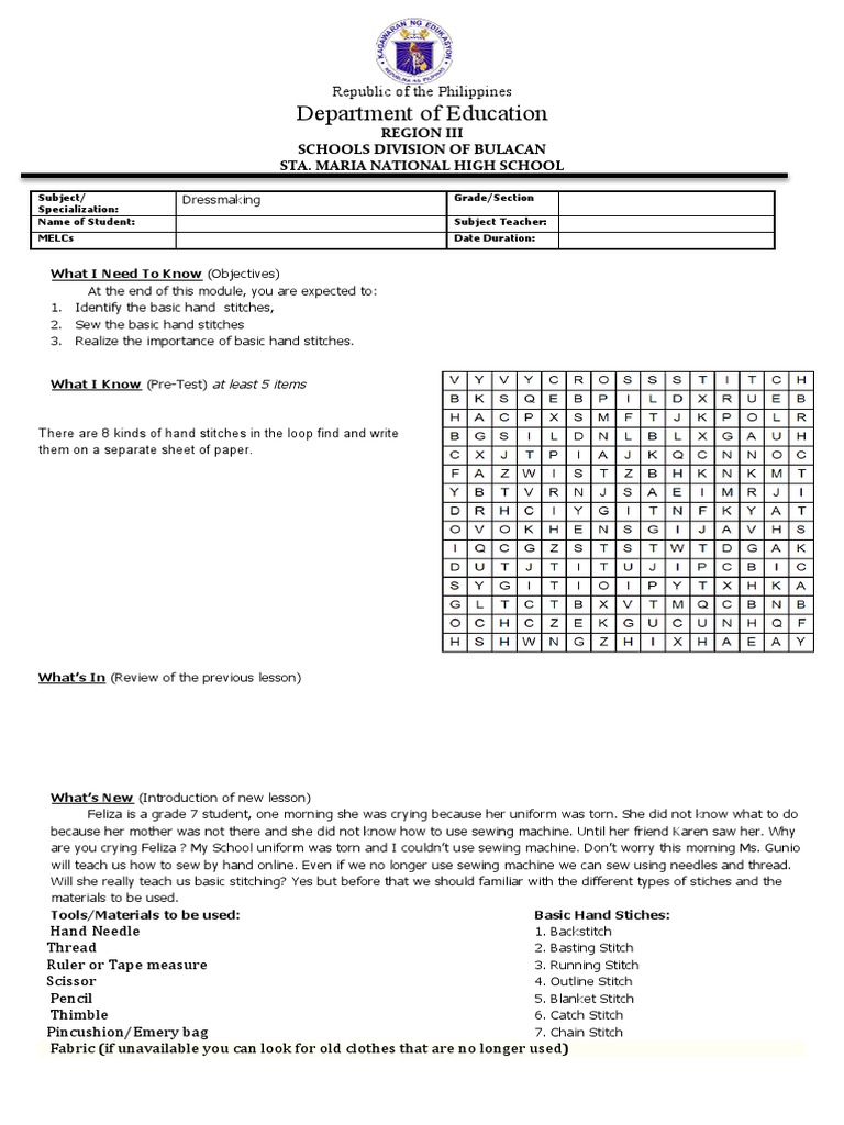 Dressmaking Module 5 | PDF | Sewing | Embroidery