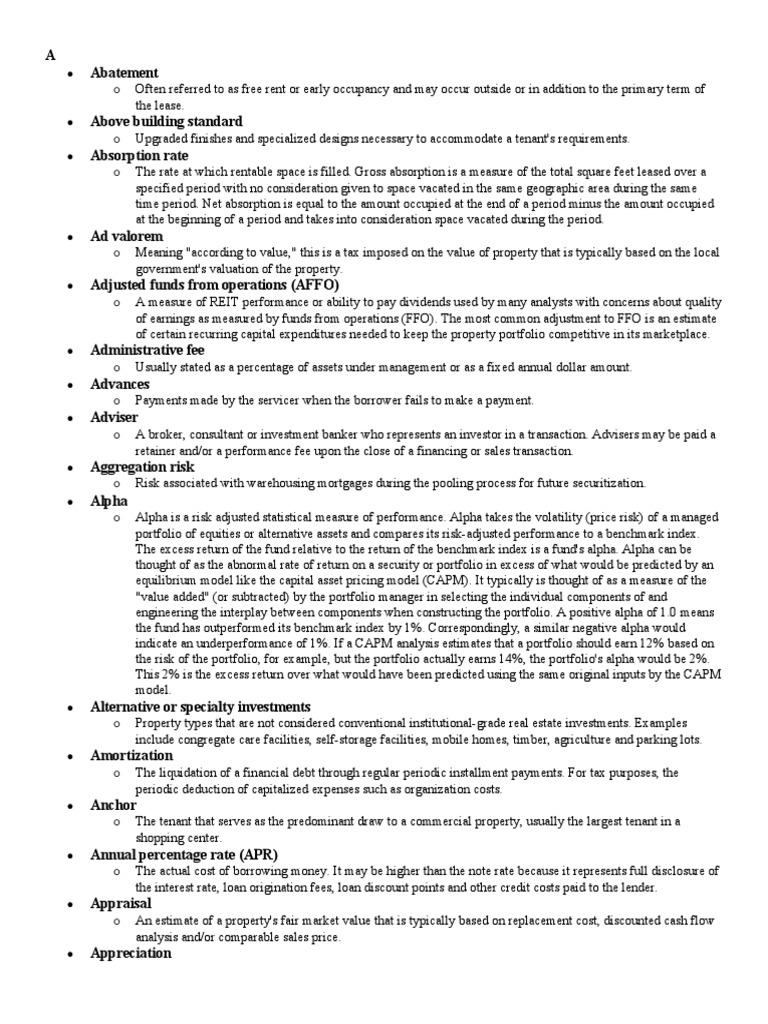 Real Estate Investing Glossary | PDF | Mortgage Loan | Beta (Finance)