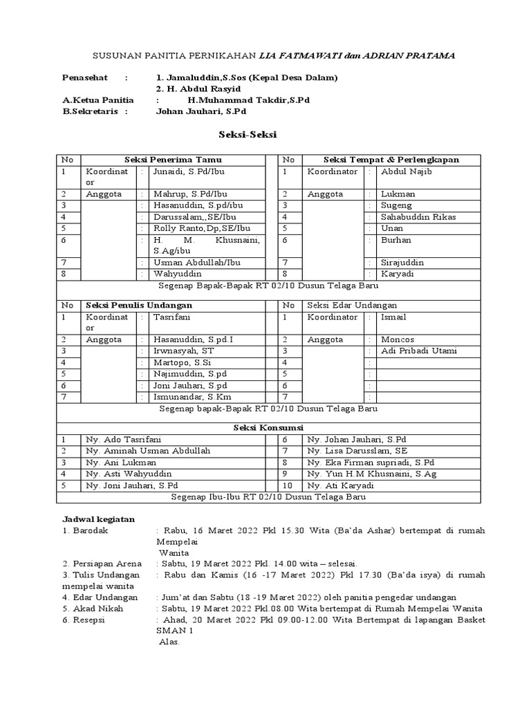 Daftar Panitia Pernikahan | PDF