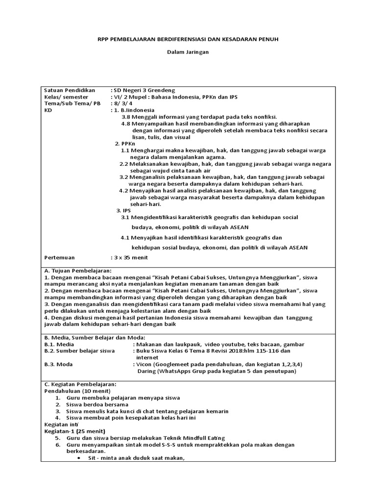 RPP Berdiferensiasi Dan Kse Kelas VI | PDF