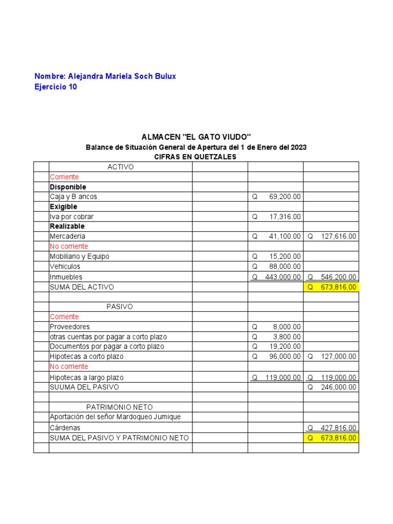 Balance de Ejercicio 10 | PDF